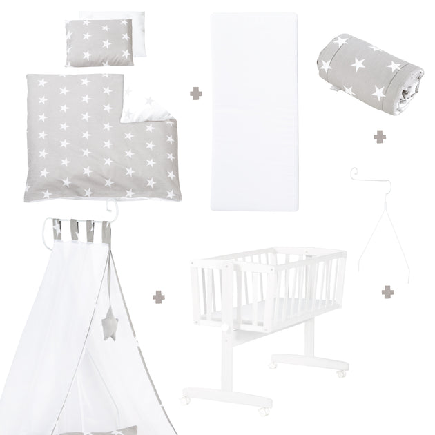 Complete Cradle Set 'Little Stars', 40 x 90 cm, White, Locking Functio ...